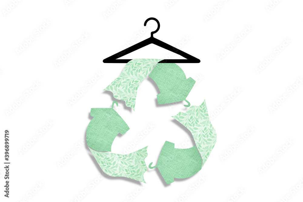 Recycle clothes icon symbol textured with recycled fabric on hanger ...