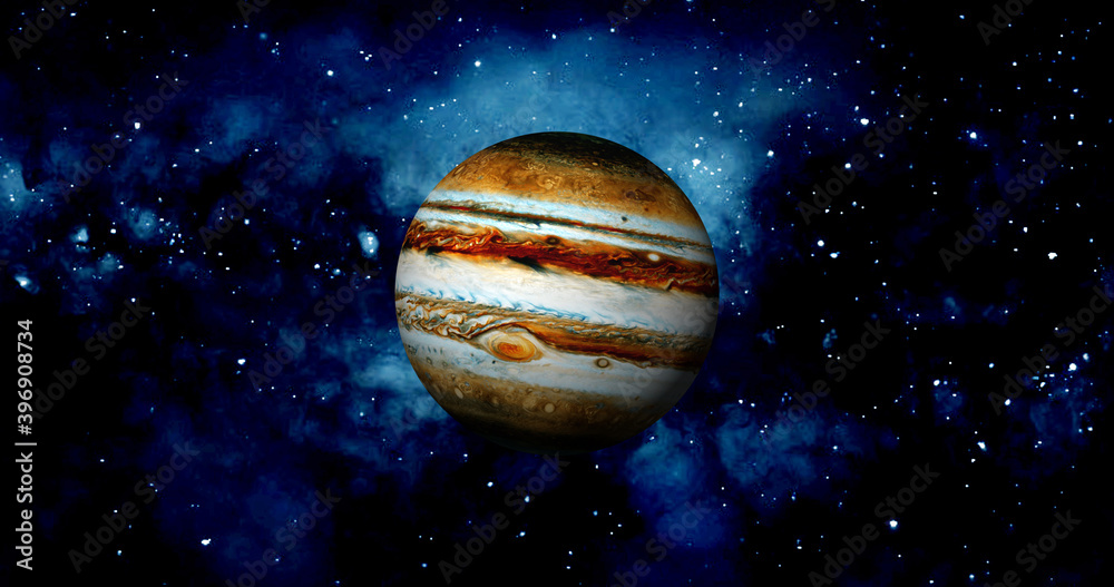 Jupiter planet on space with colorful starry night. front view of ...