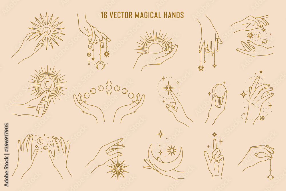 16 vector magical hands set of logo template. Linear style, minimal ...
