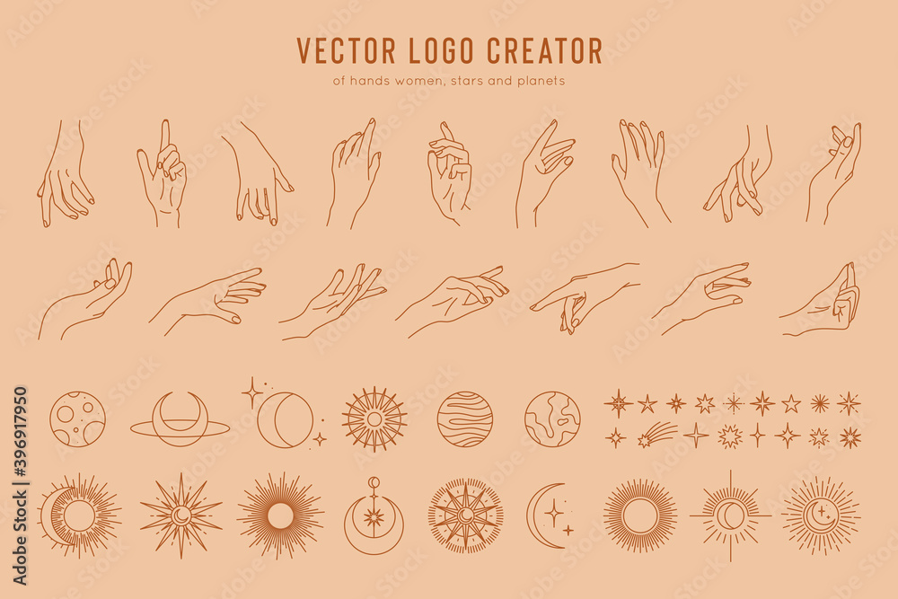 Vector logo creator of linear hand gestures, moon phases, stars, sun ...