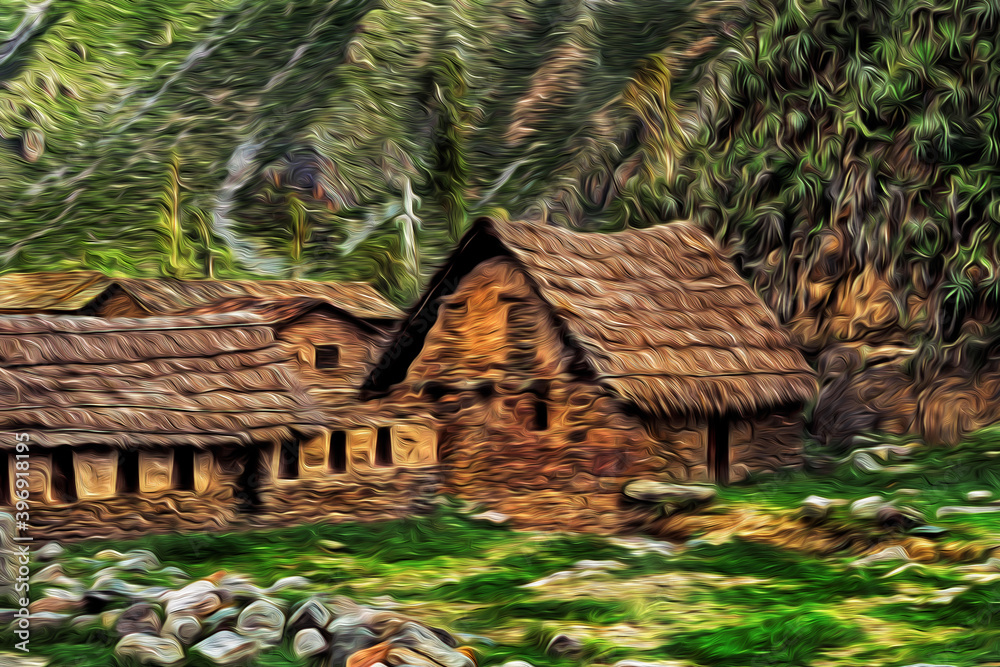 Stone hut with thatched roof in typical Inca style in ruins near Pisac ...