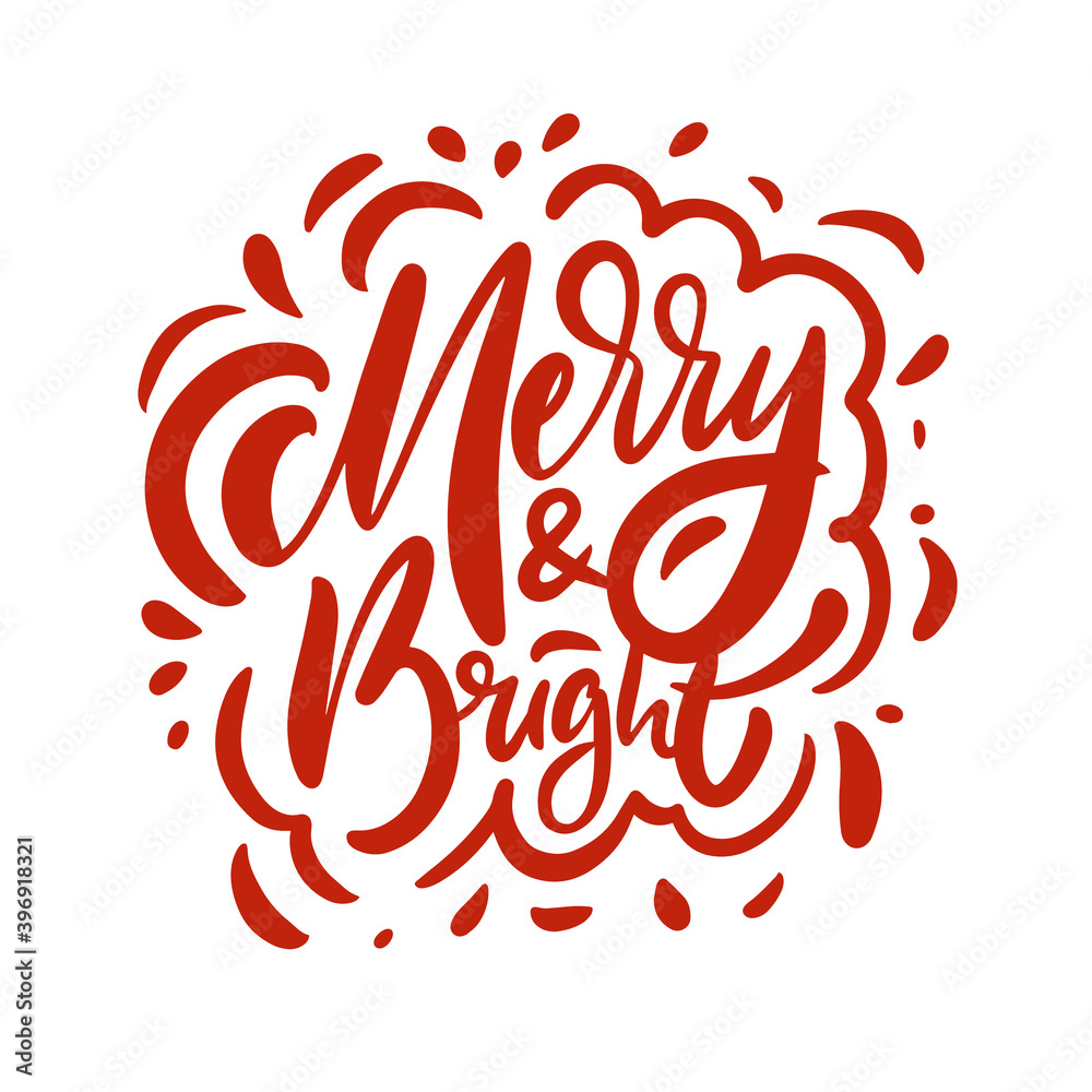 Merry and bright red phrase lettering. Hand drawing vector illustration ...