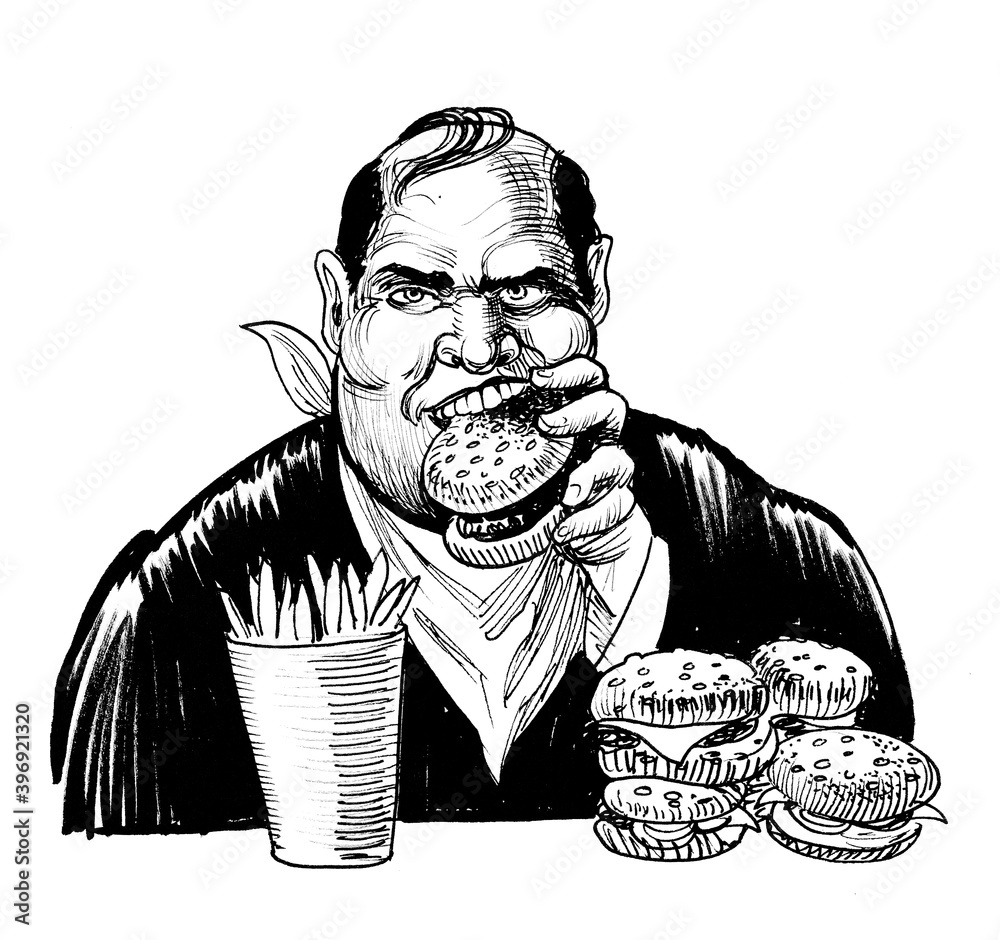 Fat overweight man eating fast food. Ink black and white drawing Stock ...