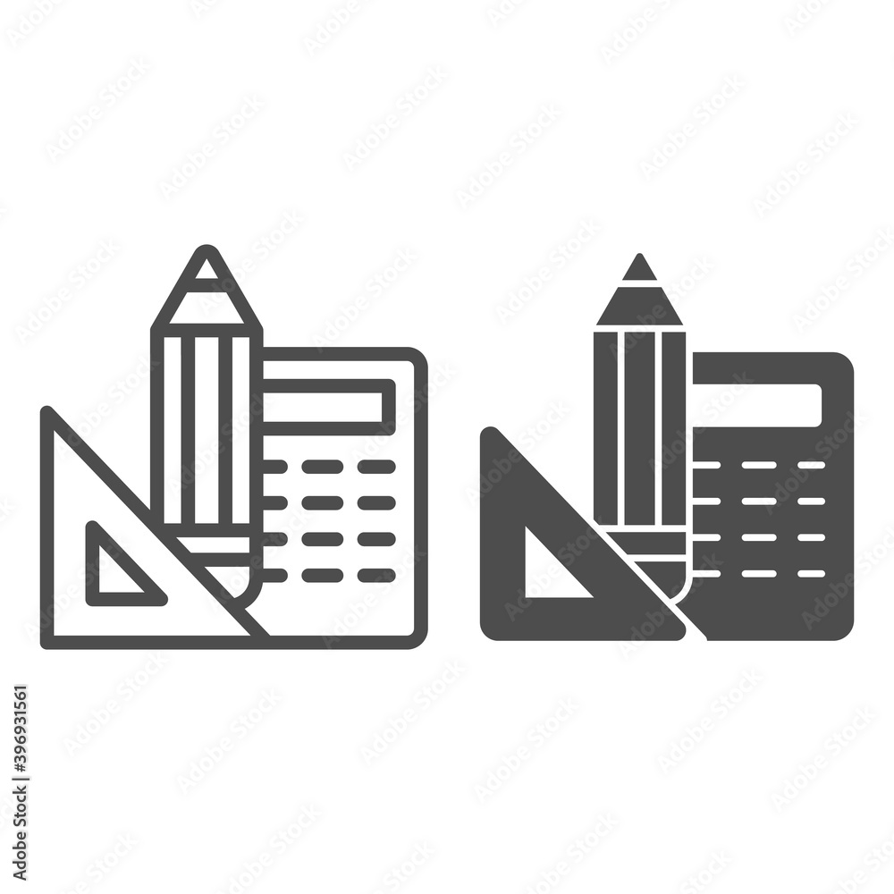 Ruler, pencil and calculator line and solid icon, school concept ...