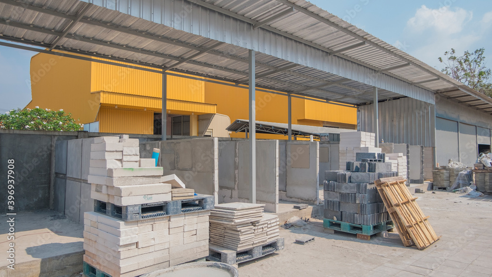 The construction site where building materials are placed in a neat and ...