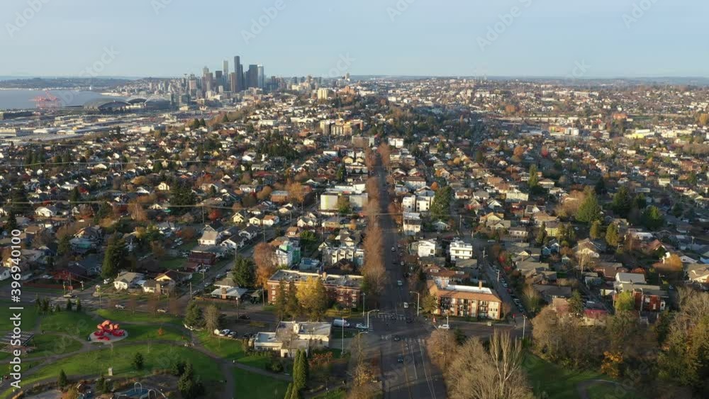Aerial / drone tracking footage of South Seattle, downtown Seattle ...
