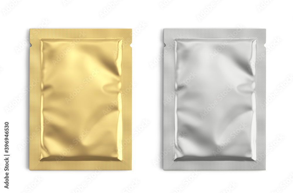 Blank gold and silver metal sachet packet isolated on white. Small pack ...