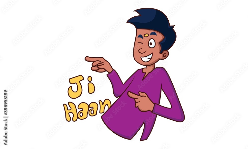 Vector cartoon illustration of a boy. Ji haan Hindi text translation ...