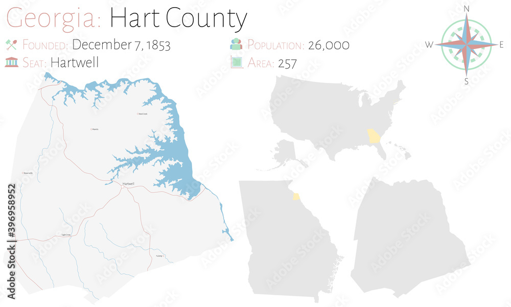 Large and detailed map of Hart county in Georgia, USA. Stock Vector ...