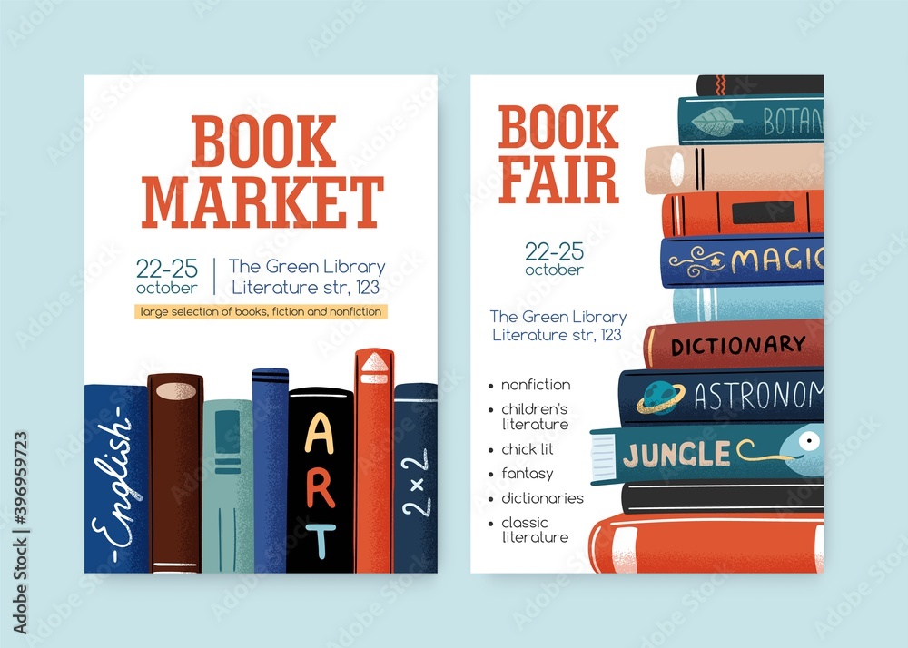 Set of book market and fair posters with place for text vector flat ...