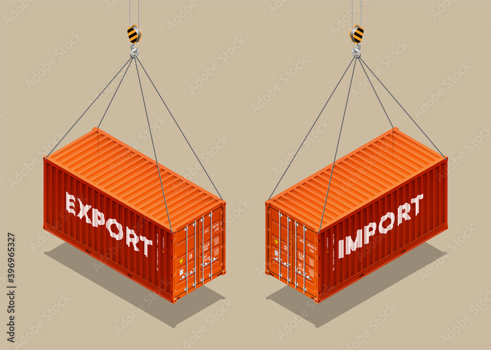 3D Isometric two 20 foot container delivery with EXPORT and IMPORT text ...