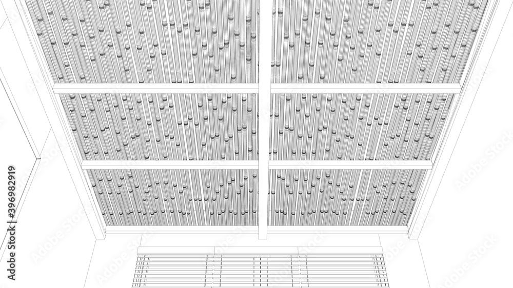 Blueprint project draft, ceiling close-up in modern interior, wooden ...