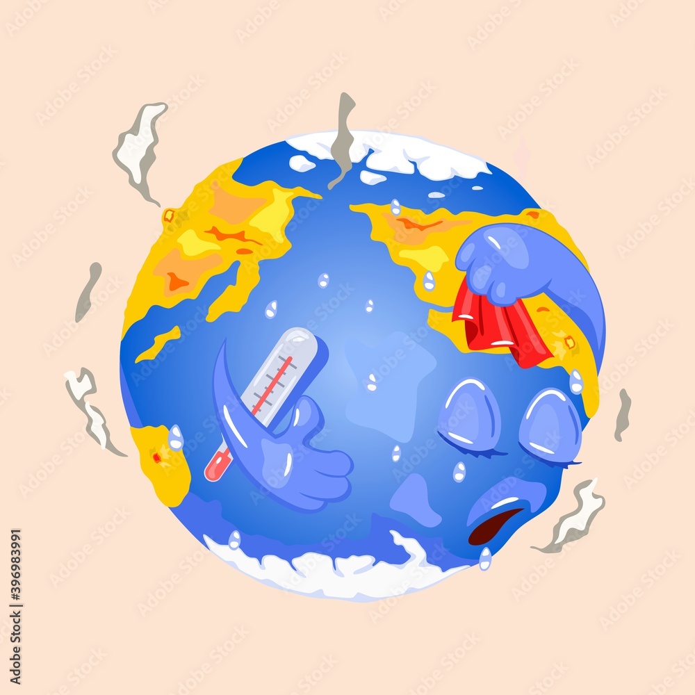 Earth planet with thermometer suffer from temperature. Vector forest ...