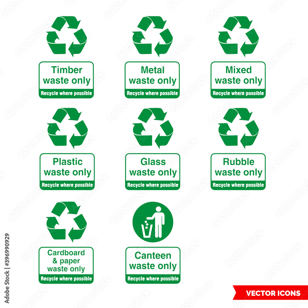 Waste and recycling signs icon set of color types. Isolated vector sign ...