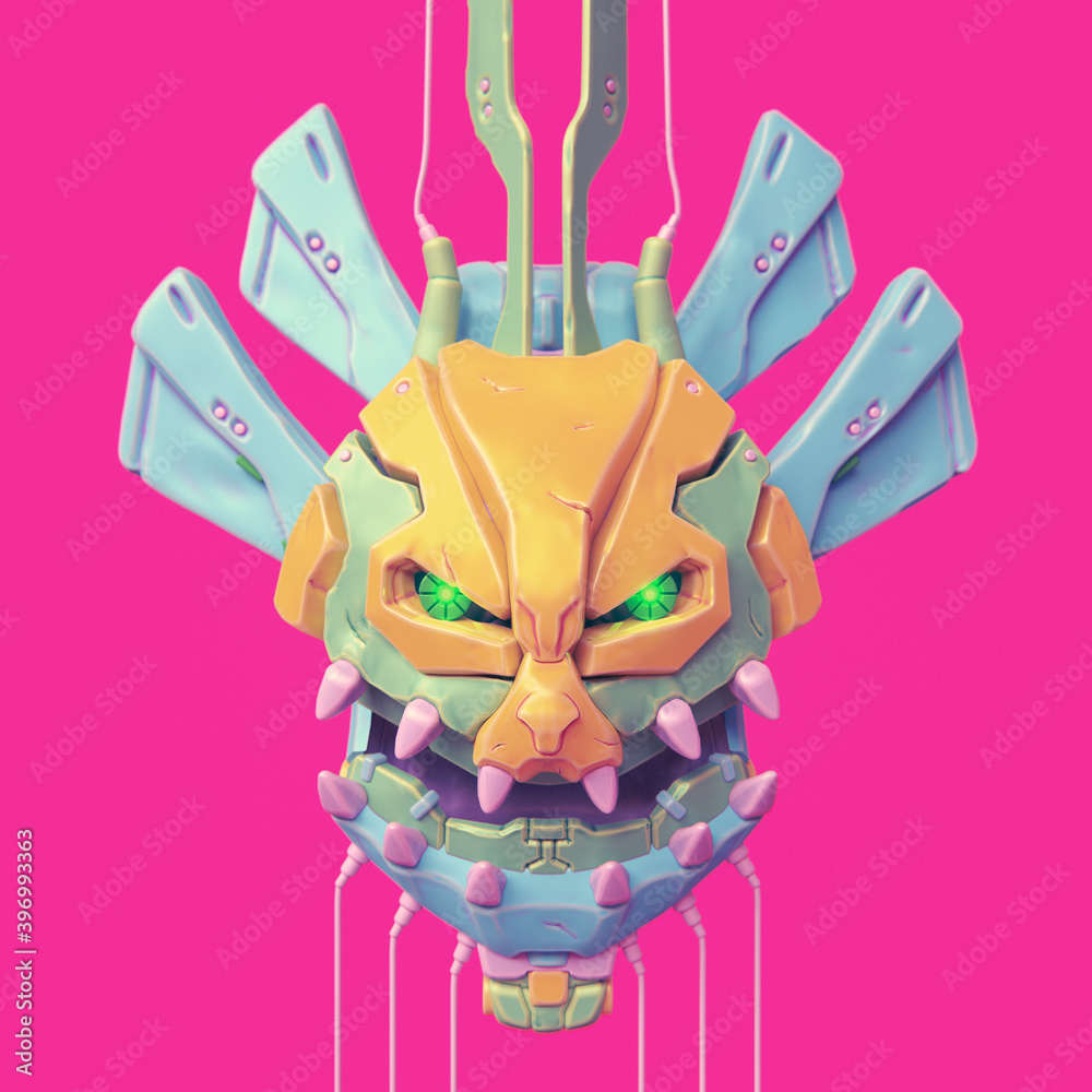 3d illustration of scary futuristic cyborg head with purple teeth ...