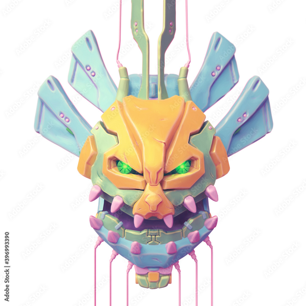 3d illustration of scary futuristic cyborg head with purple teeth ...