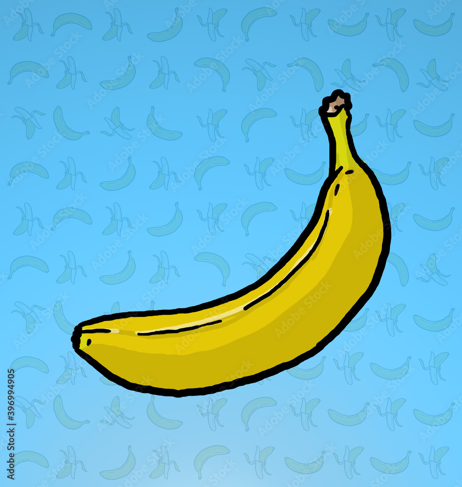 banana on blue gradient background. Hand drawing cartoon style. Banana ...