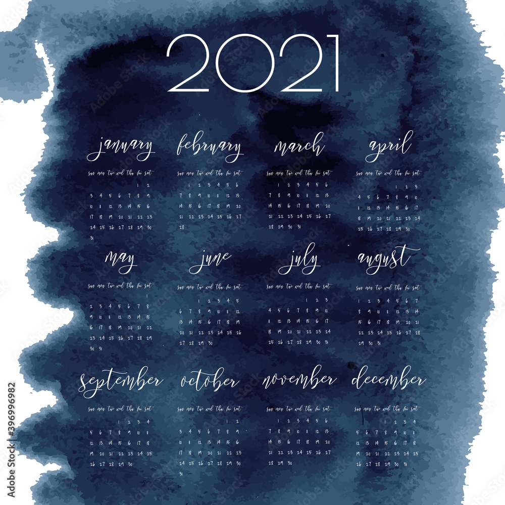 Hand written ink calendar template, 2021 year. Watercolor painted ...