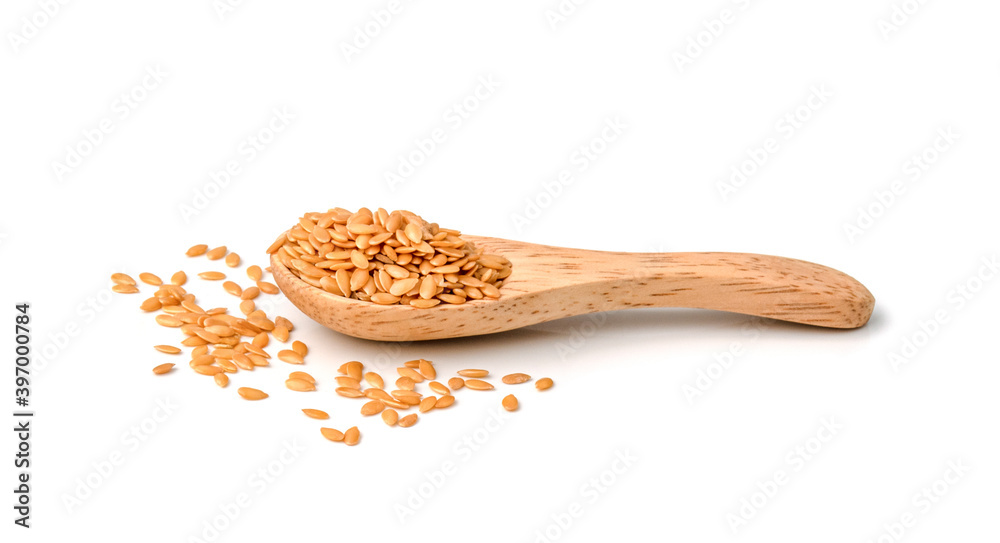flax seeds in wood spoon isolated on white background Stock Photo | Adobe Stock
