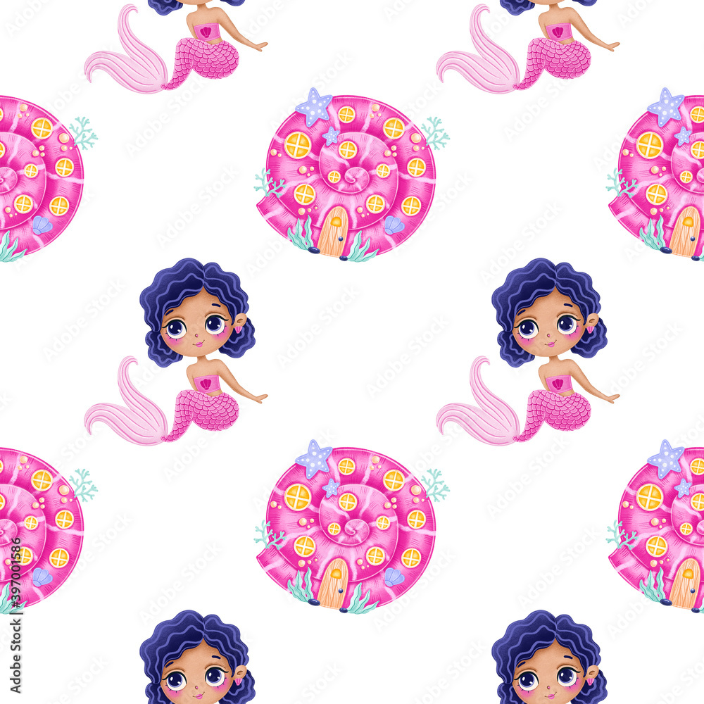Cute Cartoon Mermaids Seamless Pattern Mermaid Castle Pattern Mermaid