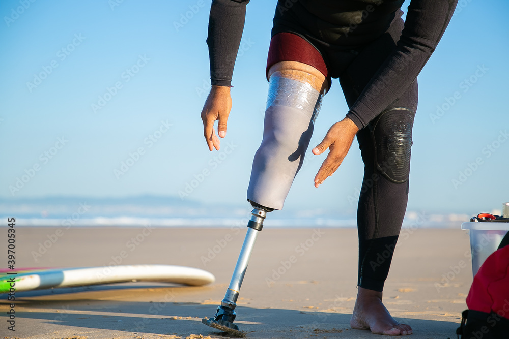 Male surfer wearing wetsuit for, adjusting artificial limb taped to leg ...