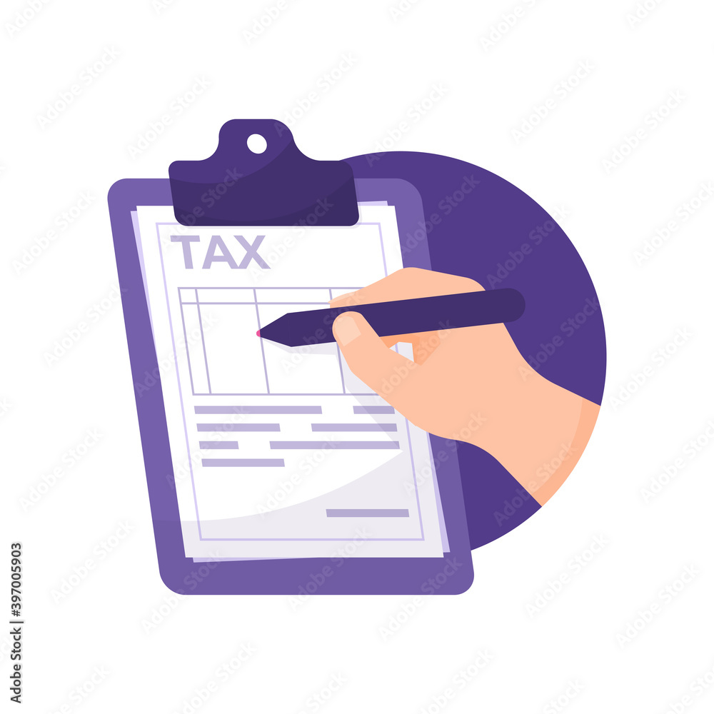taxation concept. illustration of hand writing or filling out tax ...