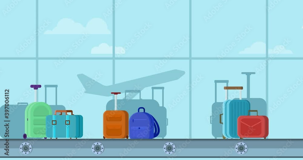 4K resolution Looped animation of Luggage airport carousel and plane on ...