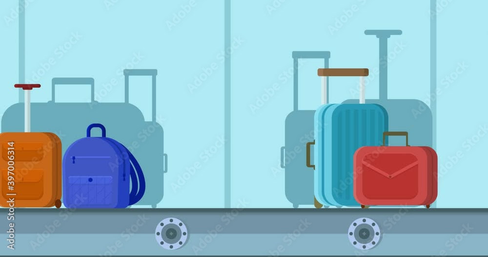 4K Looped 2d animation, conveyor belt with bags and traveling cases ...