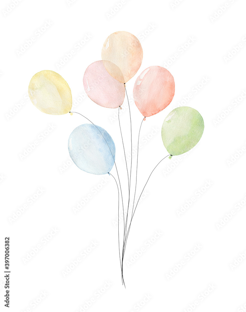 Bunch of watercolor balloons isolated on white background. Stock ...