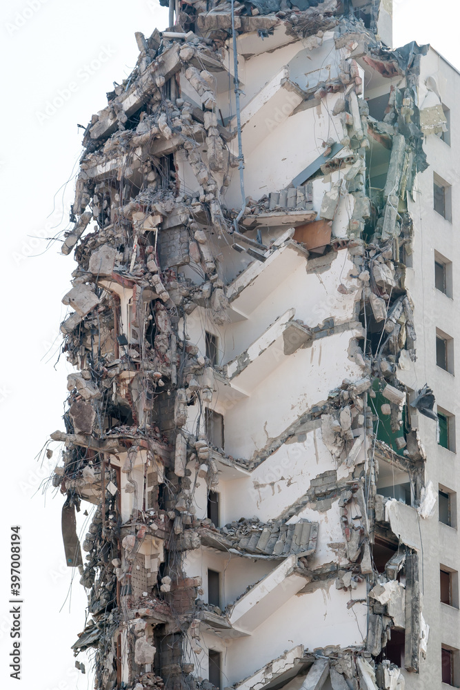 complete demolition destruction of a tall building completely ruined ...