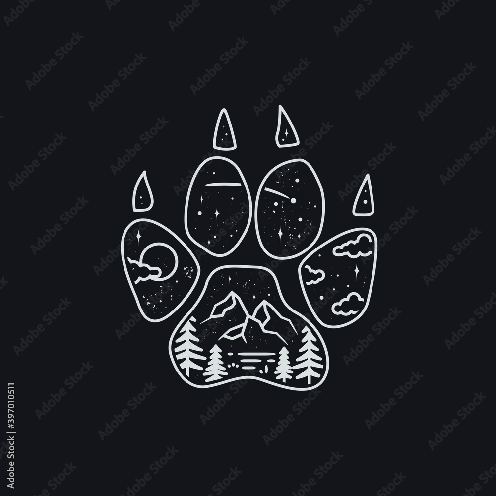 mono line art vector of wolf paw print. wolf paw print illustration ...