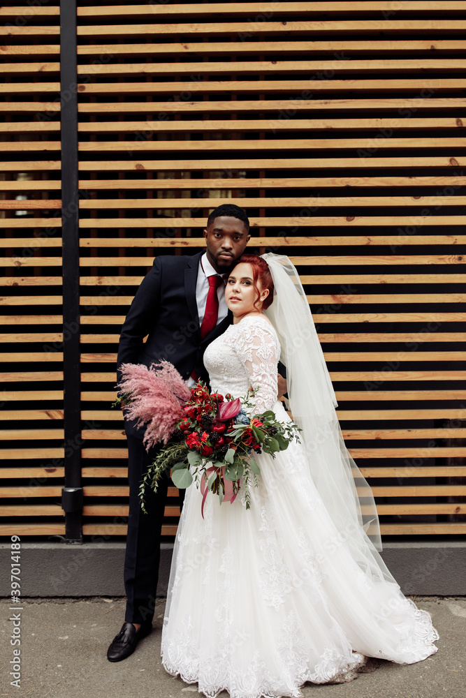 Adorable couple on wedding day, beautiful bride cuddle with charming ...