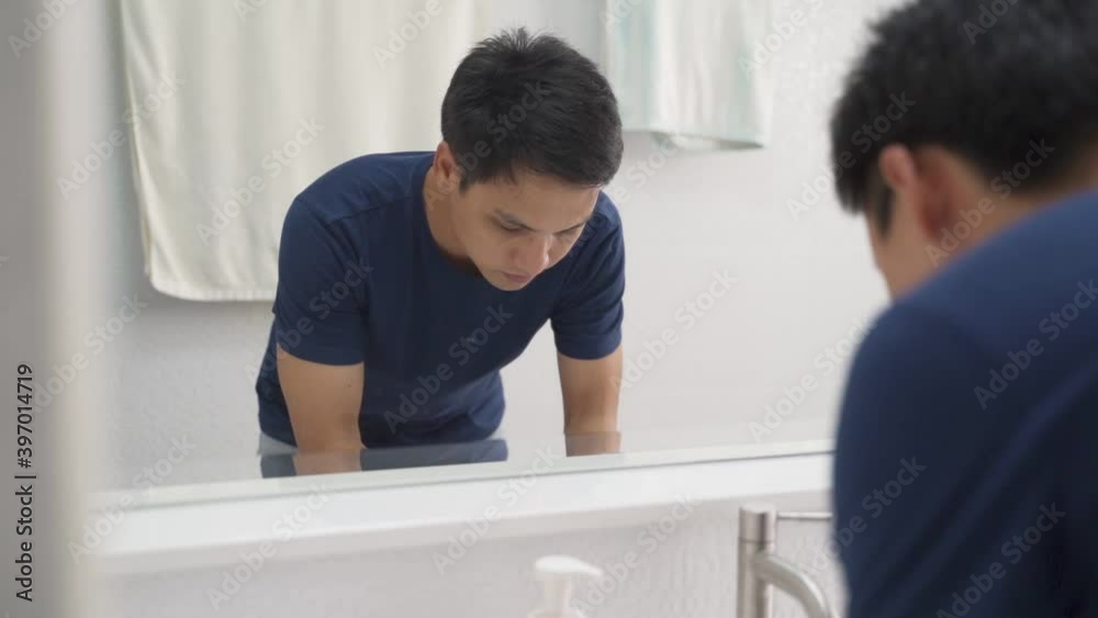 asian man washing face with pure water for refreshment from tired. male ...