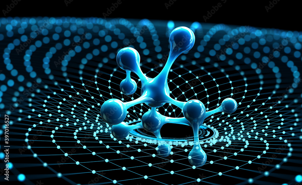 Molecule 3D illustration. Computer simulation and laboratory ...