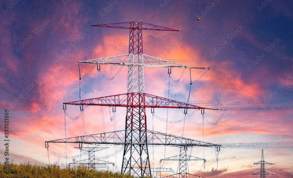 High voltage electricity pylons and transmission power lines on the ...