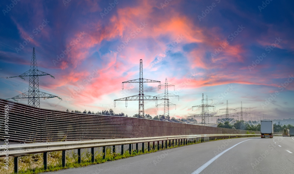 High voltage electricity pylons and transmission power lines on the ...
