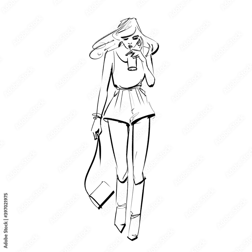 Girl in her 20s walking toward the viewer sipping from a drink, having ...