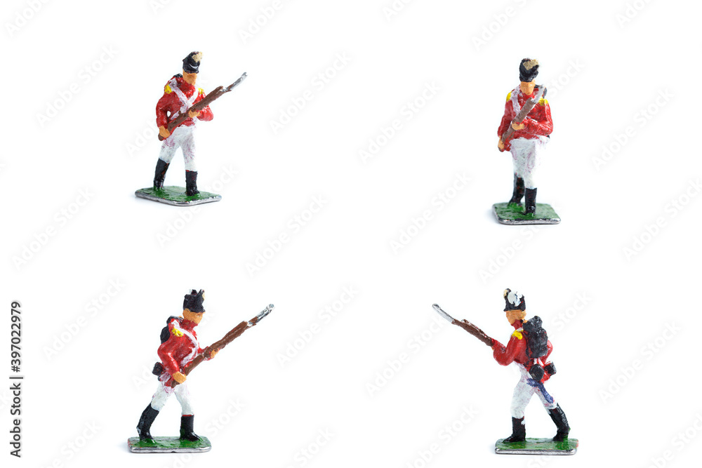 4 in 1 shot of metal soldiers with musket on the white background Stock ...