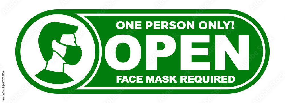 Open sign on entrance door plate. Green sticker on transparent ...