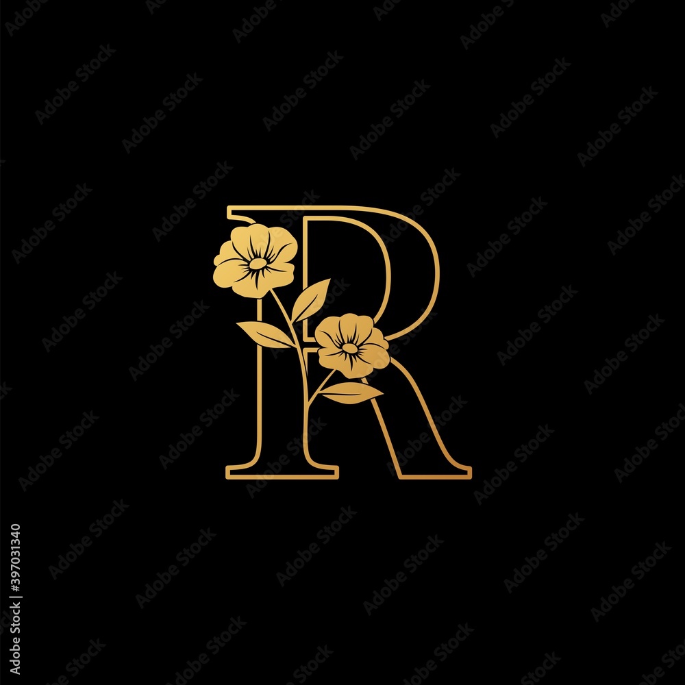 Golden Nature Flower Initial Letter R logo icon, vintage luxury vector ...