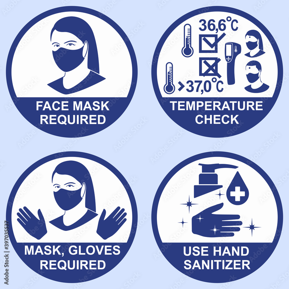 Coronavirus prevention infographic signs. FACE MASK, GLOVES REQUIRED ...