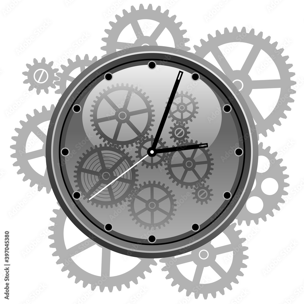 Black and white clockwork Gear Mechanism. Time Clock Symbol. Vector ...