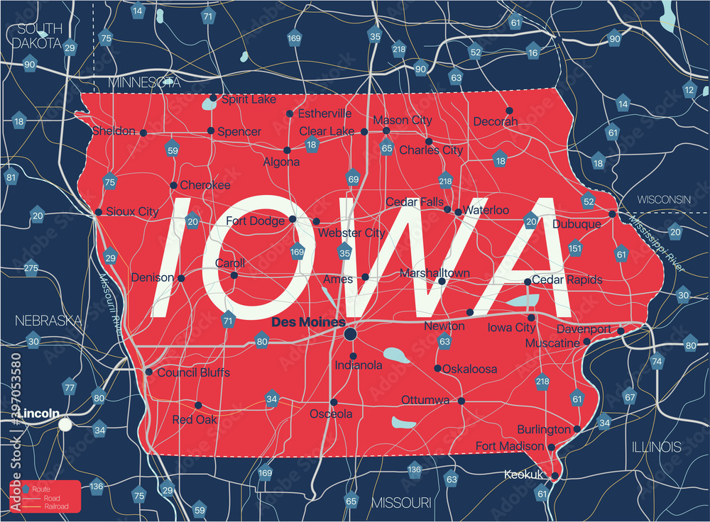 Iowa state detailed editable map with with cities and towns, geographic ...