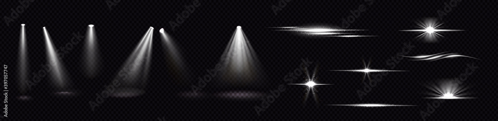 Light beams from spotlights and flashes isolated on transparent ...