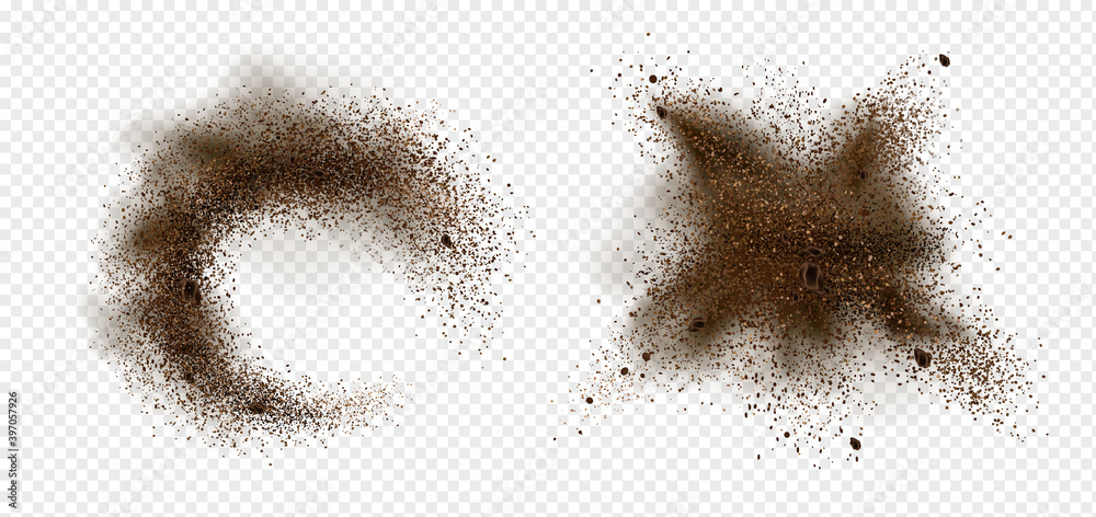 Explosion of coffee beans and powder. Vector realistic illustration of ...