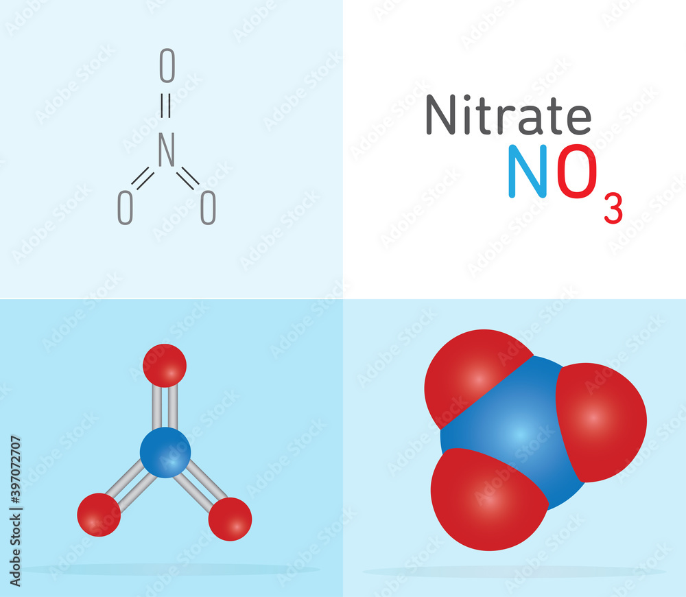 Nitrate (NO3) gas molecule. Two different molecule model and chemical ... Nitrate (NO3) gas molecule. Two different molecule model and chemical ...