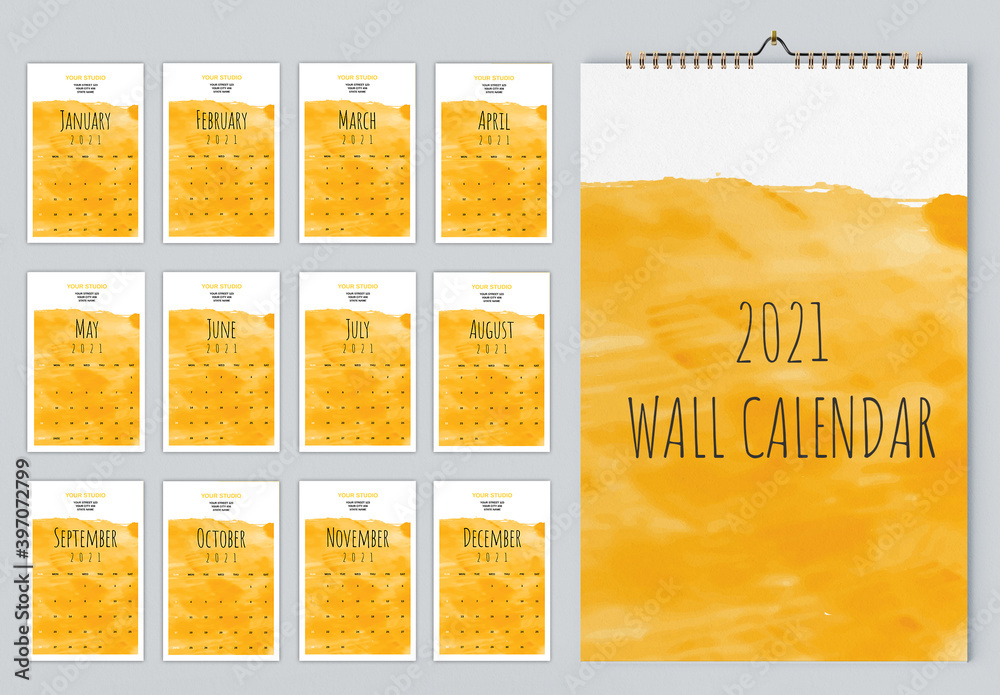Yellow Wall Calendar 2021 Layout Stock Template | Adobe Stock