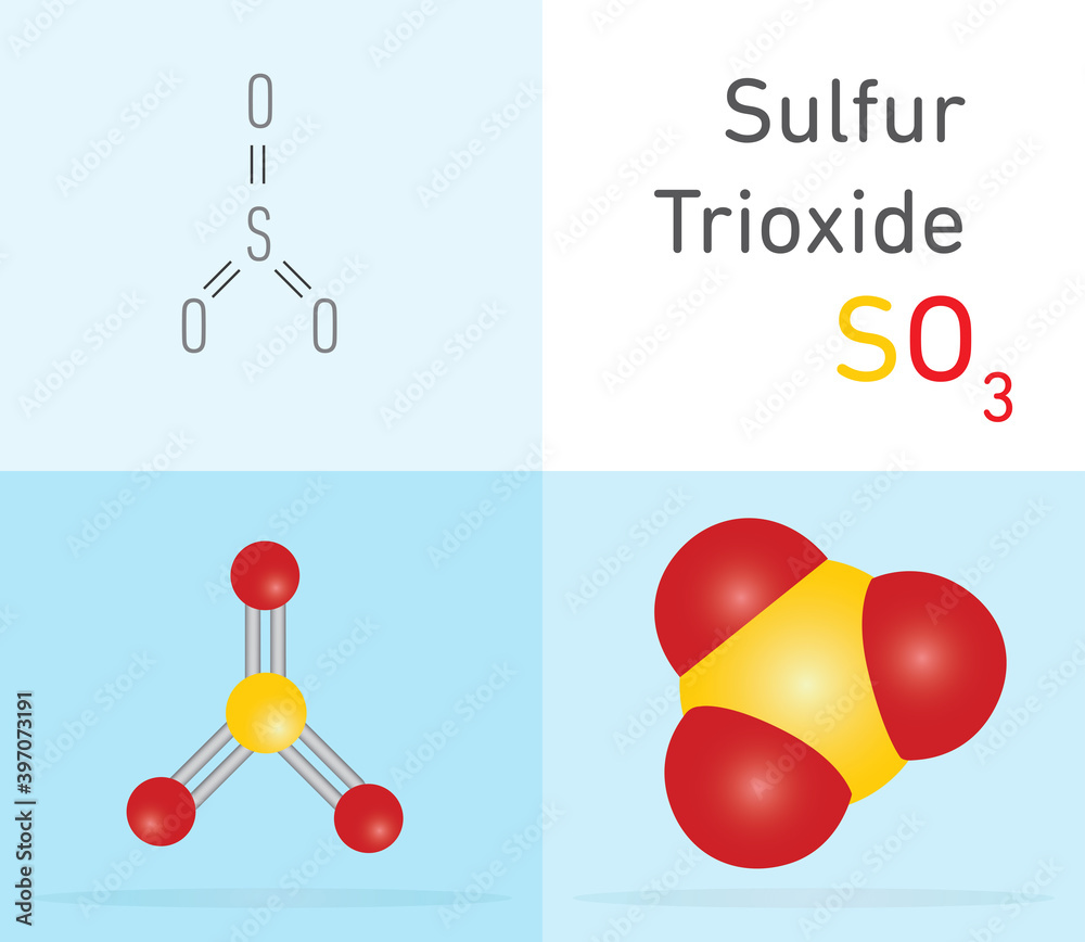 Sulfur Trioxide (SO3) gas molecule. Two different molecule model and chemical formula. Ball ...