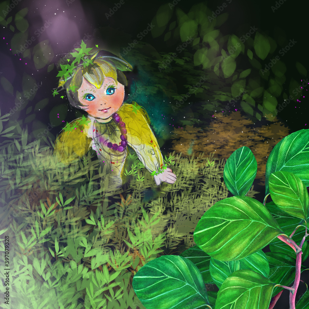 Fairytale scenery with Enchanted Forest, elf, old trees, plants, lights ...