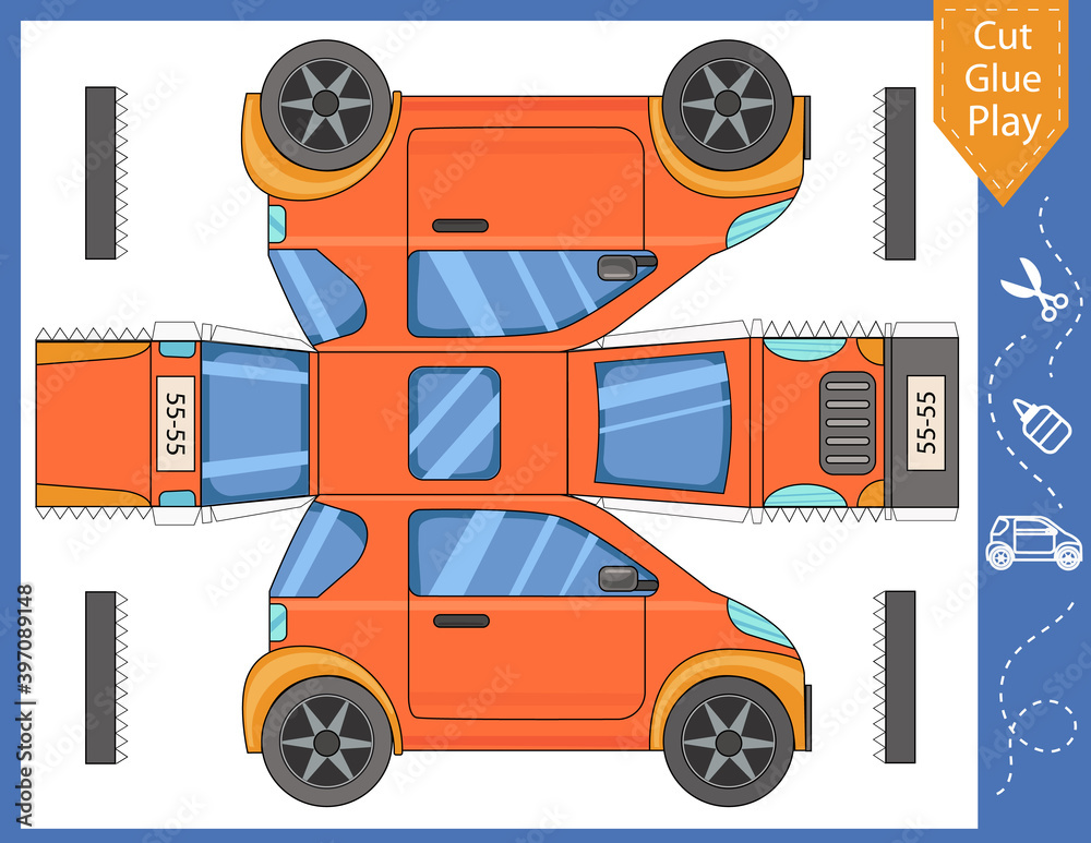Cut and glue the paper car. Kids crafts activity page. Worksheet with ...